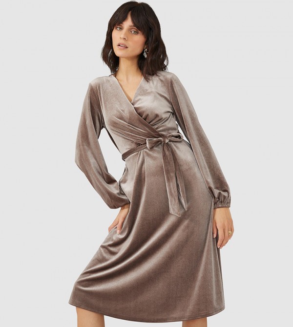Buy Principles Velvet Wrap Midi Dress In Beige | 6thStreet Bahrain