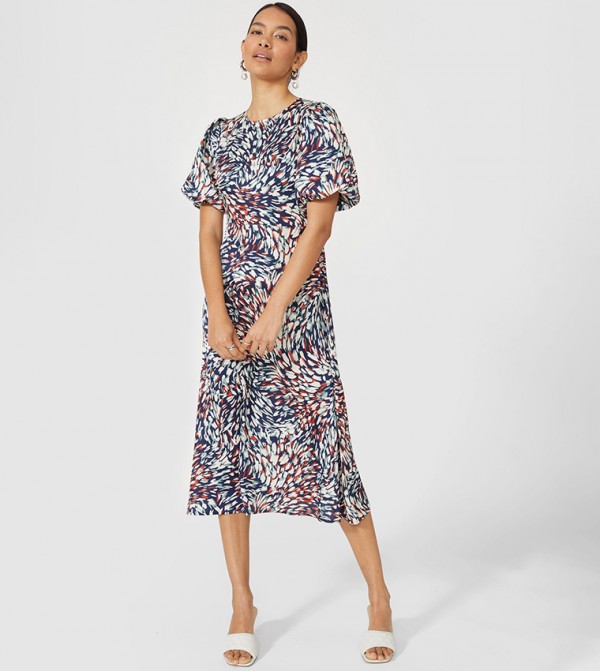 Buy Principles Animal Printed Puff Sleeves Midi Dress In Navy ...