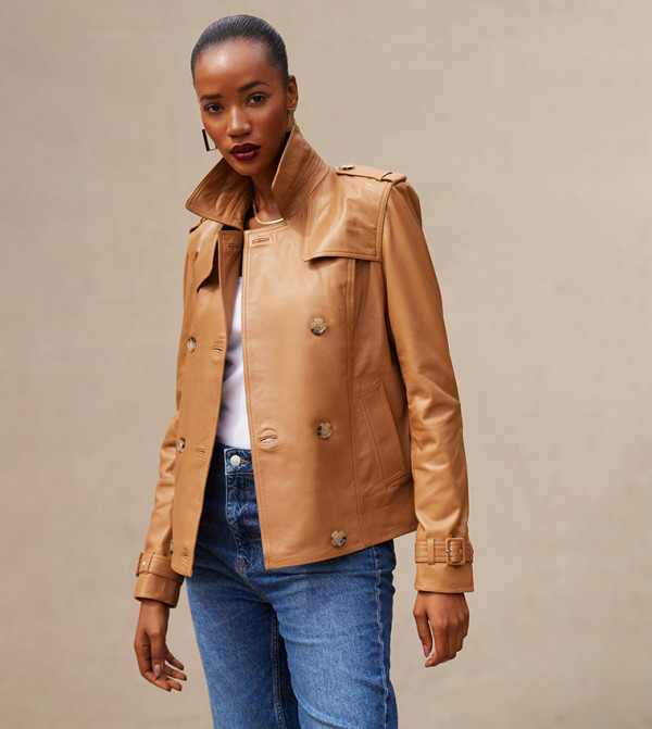 Buy Principles Double Breasted Leather Jacket In Beige | 6thStreet Kuwait