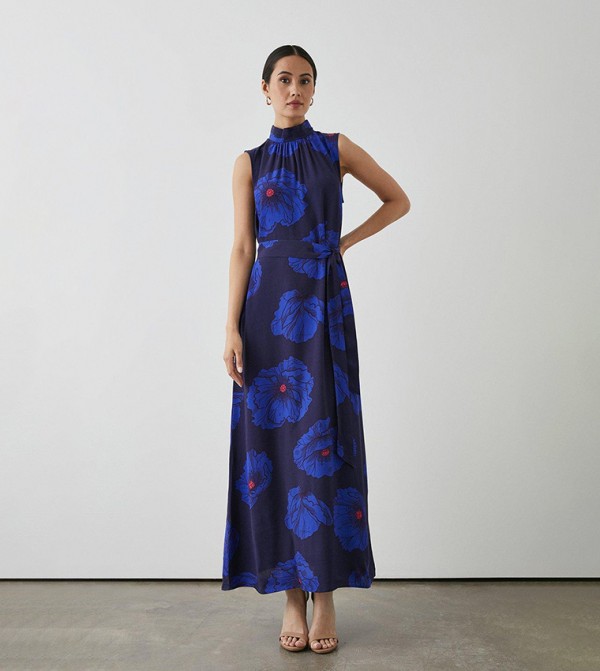 Buy Principles Navy Leaf Print High Neck Belted Maxi Dress In Navy ...