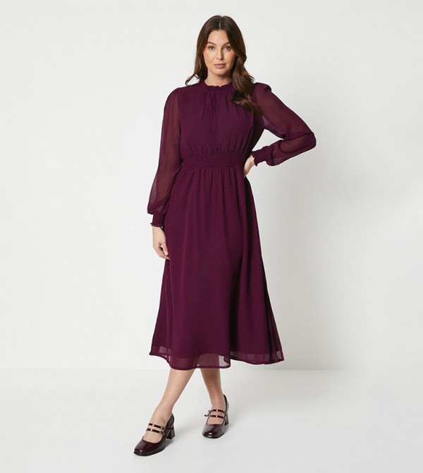 Buy Principles Shirred Waist Ruffle Neck Midi Dress In Purple ...