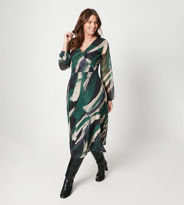 Buy Principles Abstract Print Wrap Midi Dress In Green | 6thStreet Bahrain
