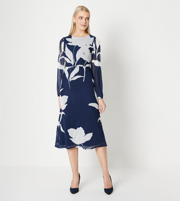 Buy Principles Printed Mesh Midi Dress In Navy | 6thStreet Qatar