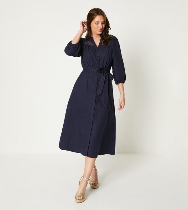 Buy Principles Lace Yoke Belted Midi Dress In Navy | 6thStreet UAE