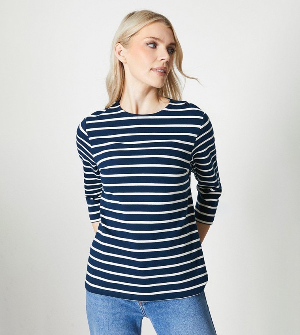 Buy Principles Striped Jersey 3/4 Sleeves Top In Navy | 6thStreet Saudi ...