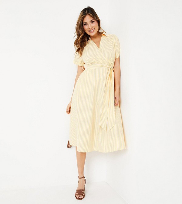 Buy Principles Striped Wrap Midi Dress In Yellow | 6thStreet Qatar