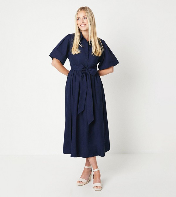 Buy Principles Petite Belted Cotton Midi Dress In Navy | 6thStreet ...