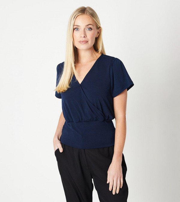 Buy Principles Petite Bubble Hem Jersey Wrap Top In Navy | 6thStreet UAE