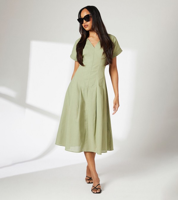 Buy Principles Linen Blend Belted Midi Dress In Olive | 6thStreet UAE