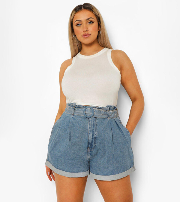 Buy Boohoo Belted Paper Bag Denim Shorts In Blue | 6thStreet Saudi Arabia
