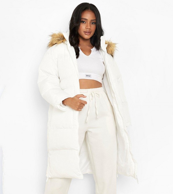 Buy Boohoo Faux Fur Trim Longline Puffer Jacket In White | 6thStreet Kuwait