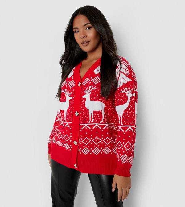 Buy Boohoo Plus Fairisle Christmas Cardigan In Red | 6thStreet UAE
