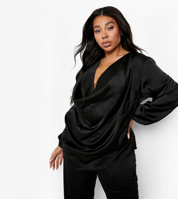 Buy Boohoo Satin Cowl Long Sleeves Blouse In Black | 6thStreet Saudi Arabia