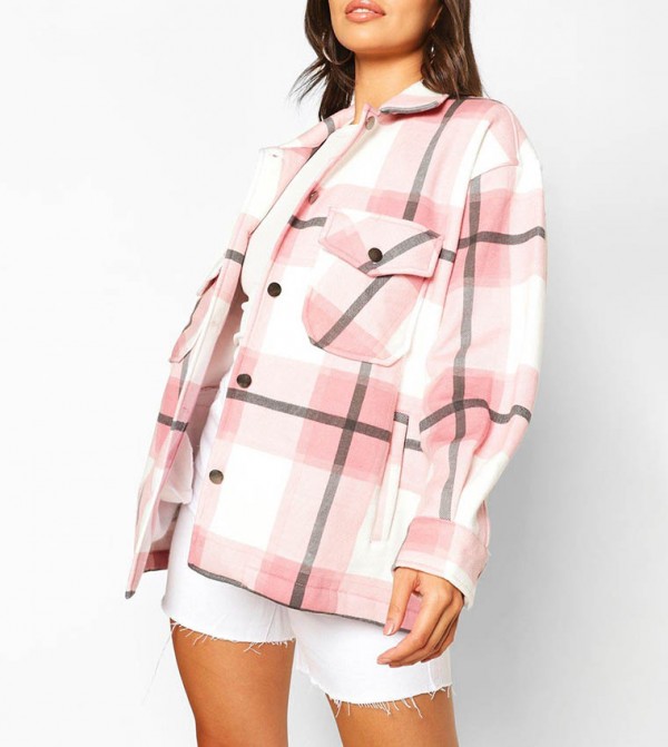 Buy Boohoo Check Long Sleeves Shacket In Pink | 6thStreet UAE
