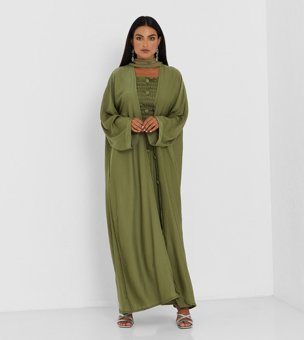 Buy Roza Abaya Green Color Abaya With Elastic Kuchi Work Inner Top With ...