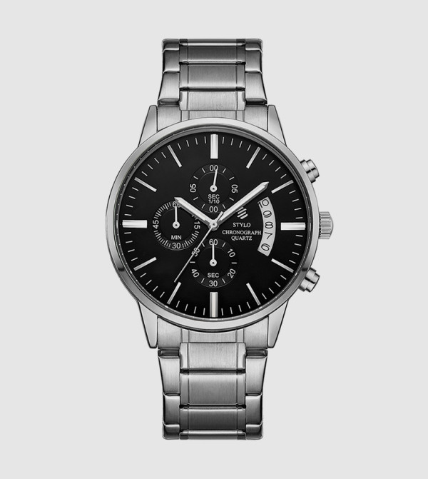 Buy Stylo Chronograph Round Black Dial Watch In Silver | 6thstreet Qatar