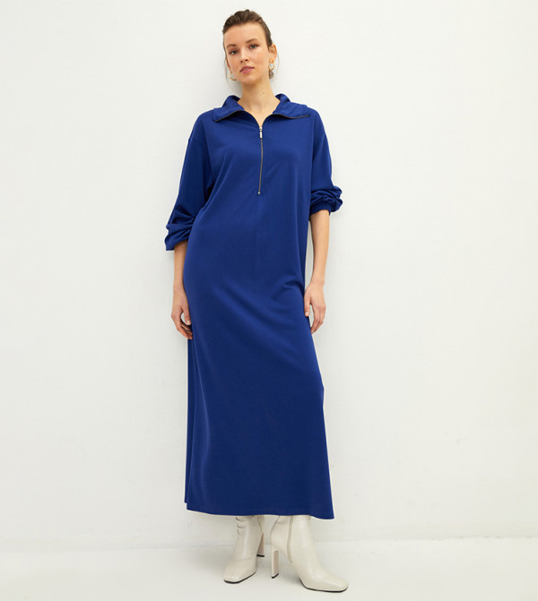 Buy LC Waikiki Stand Up Collar Straight A Line Maxi Dress In Blue ...
