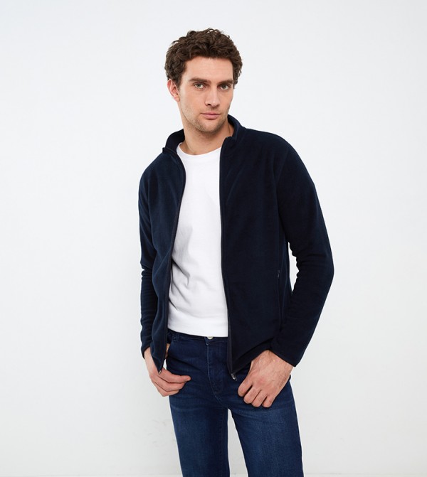 Buy LC Waikiki Zippered Stand Up Collar Fleece Jacket In Navy ...