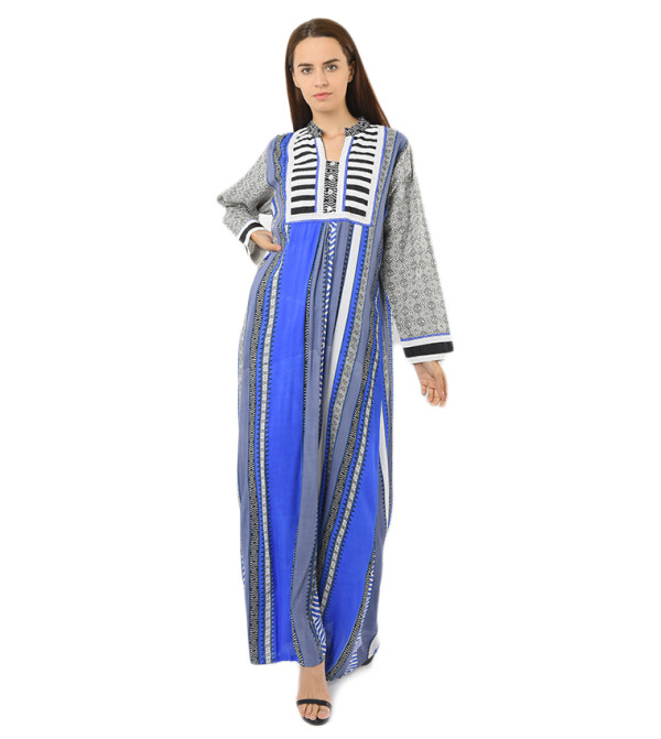 Buy Sara Arabia Open Round Neck Mixed Print Jalabiya Blue In Blue ...