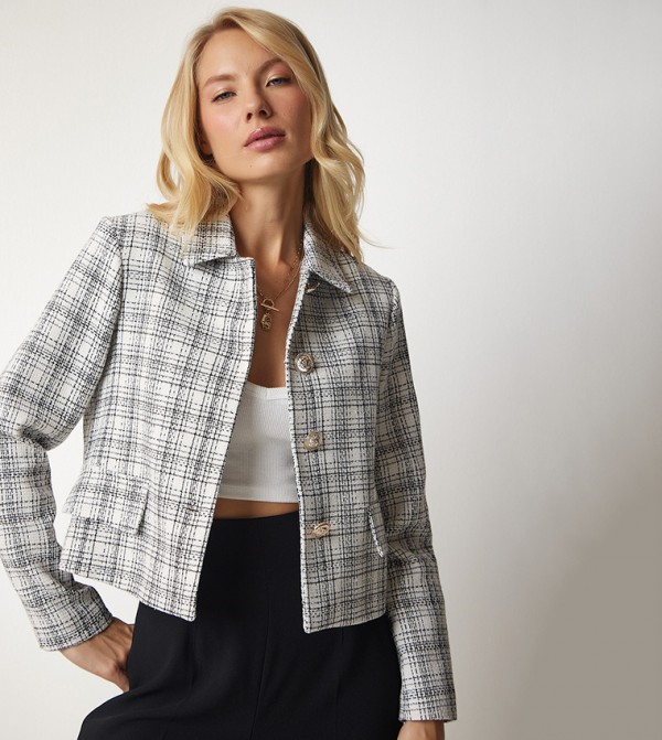 Buy Happiness İstanbul Plaid Tweed Crop Jacket In White | 6thStreet Qatar