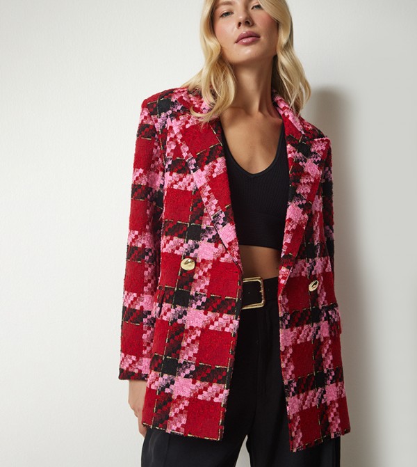 Buy Happiness İstanbul Plaid Double Breasted Woven Jacket In Red ...