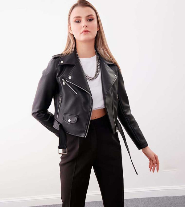 Buy Vitrin Belted Faux Leather Biker Jacket In Black | 6thStreet Kuwait