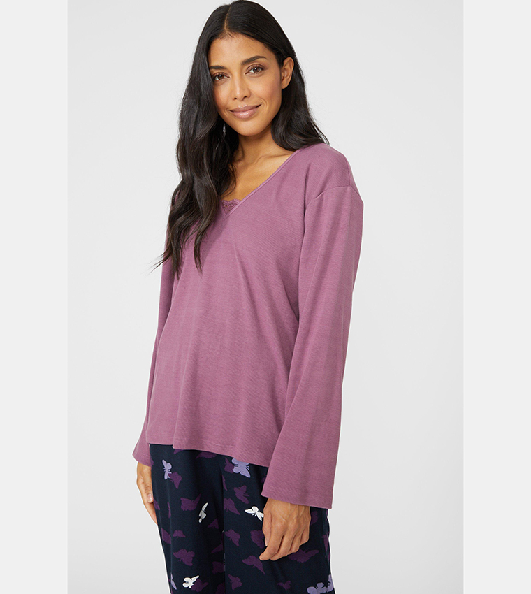 Buy Debenhams Silhouette Butterfly Ribbed Long Sleeves Pajama Set In ...
