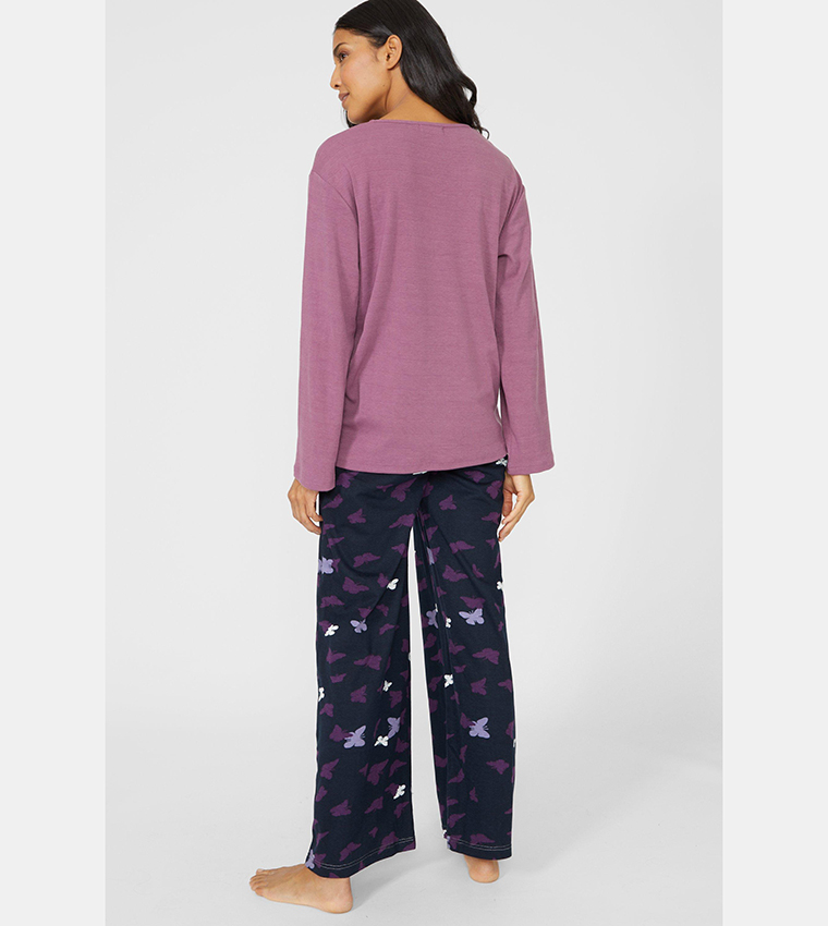 Buy Debenhams Silhouette Butterfly Ribbed Long Sleeves Pajama Set In ...