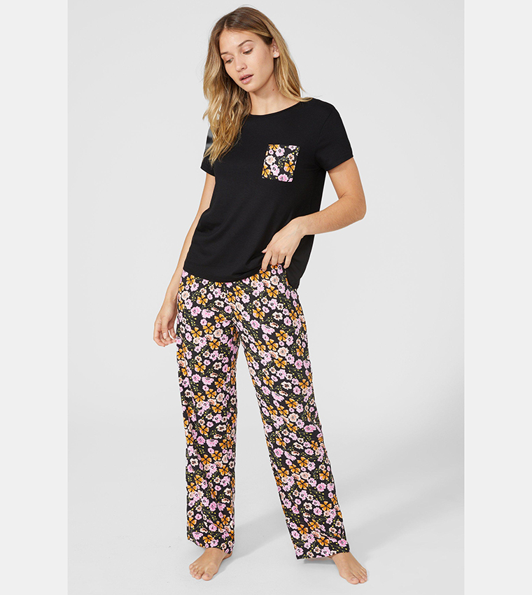 Buy Debenhams Autumn Meadow Short Sleeves Jersey Pajama Top In Black ...