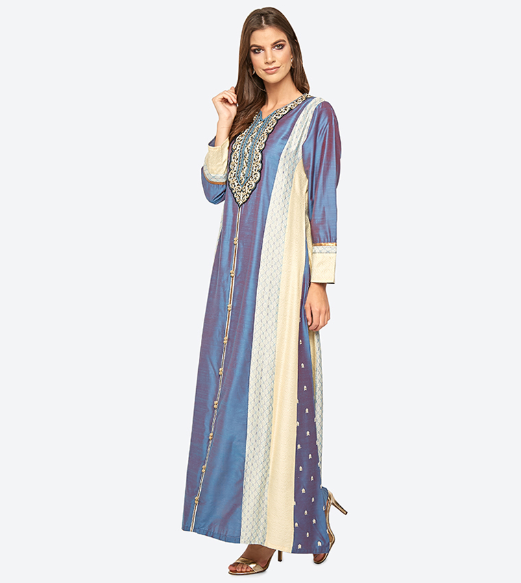 Buy Sara Arabia Fleur De Lis Printed Long Sleeve Jalabiya Blue In Blue ...