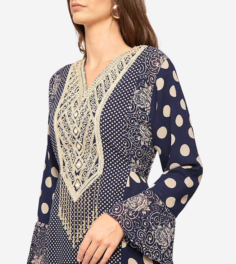 Buy Sara Arabia Scroll And Diamond Patterned Polka Dot Printed Jalabiya ...