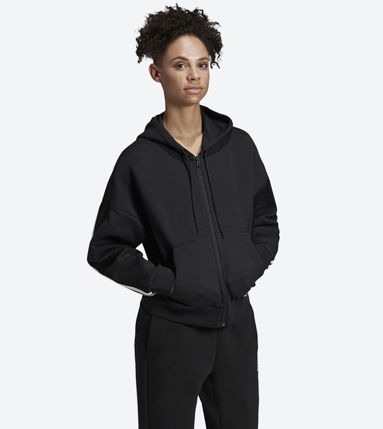 Buy Adidas Long Sleeve 3 Stripe Detail Hoodie Jacket Black In Black ...
