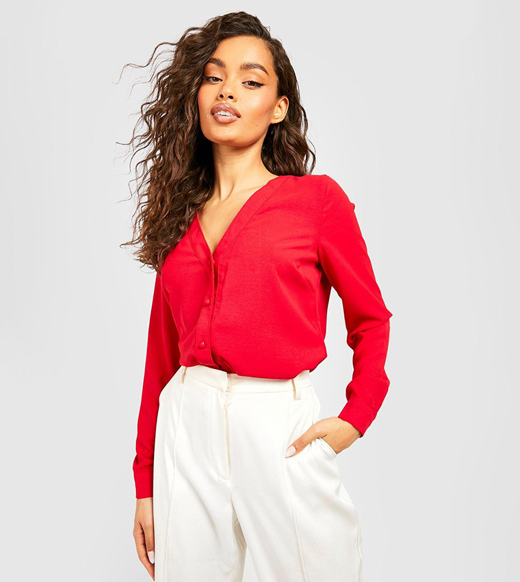 Buy Boohoo V Neck Long Sleeves Top In Red | 6thStreet UAE