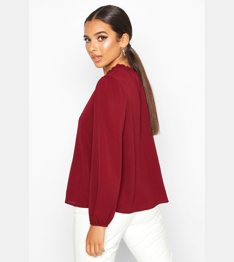 Buy Boohoo Frill Neck Long Sleeves Woven Top In Red | 6thStreet UAE