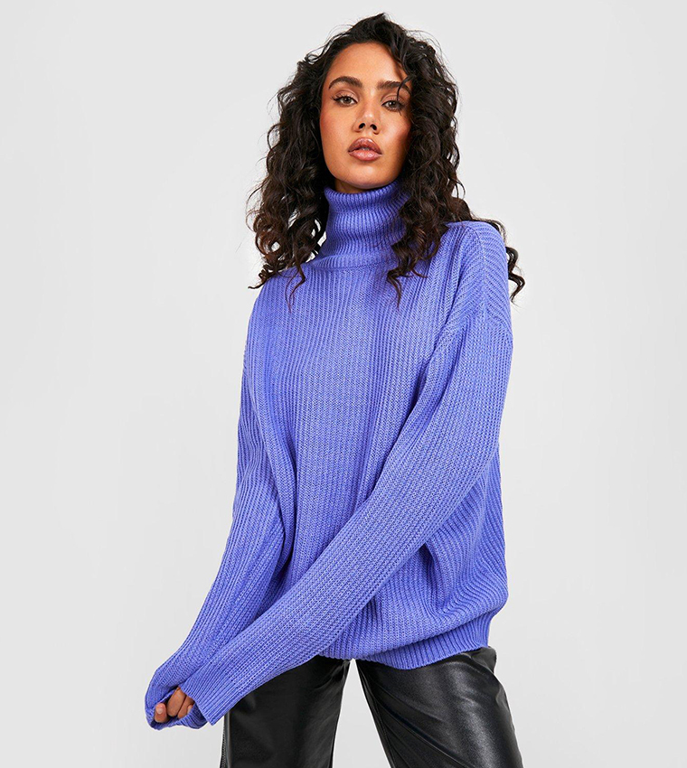 Buy Boohoo Oversized Roll Neck Ribbed Knitted Sweater In Purple ...