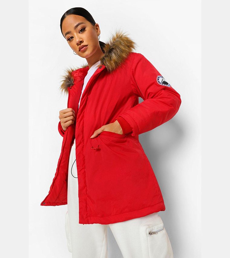 Buy Boohoo Luxe Faux Fur Sporty Parka Coat In Red | 6thStreet Qatar