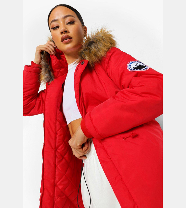 Buy Boohoo Luxe Faux Fur Sporty Parka Coat In Red | 6thStreet Qatar
