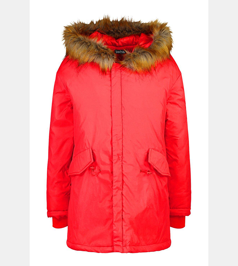 Buy Boohoo Luxe Faux Fur Sporty Parka Coat In Red | 6thStreet Qatar