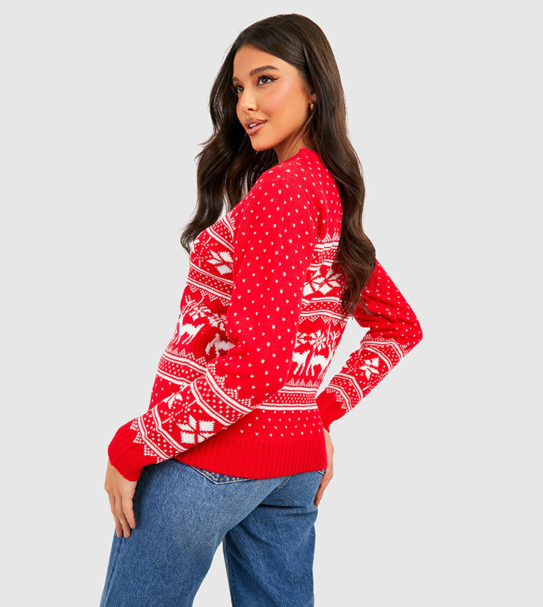 Buy Boohoo Fairisle Snowflake Reindeer Christmas Sweater In Red ...
