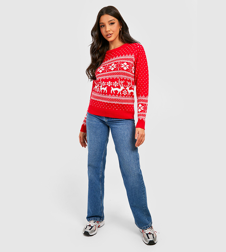 Buy Boohoo Fairisle Snowflake Reindeer Christmas Sweater In Red ...