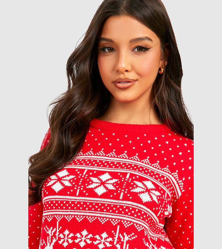 Buy Boohoo Fairisle Snowflake Reindeer Christmas Sweater In Red ...