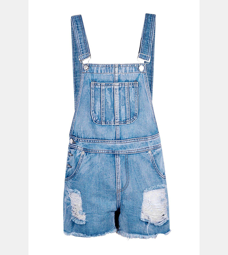 Buy Boohoo Ripped Denim Dungaree In Blue | 6thStreet UAE