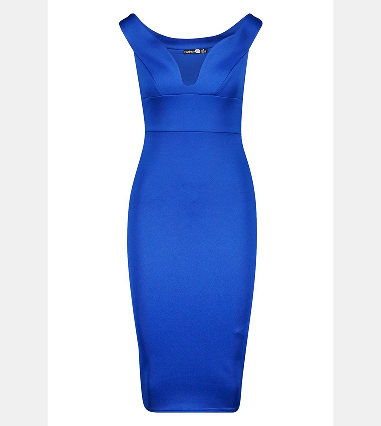 Buy Boohoo Sweetheart Off Shoulder Bodycon Midi Dress In Blue