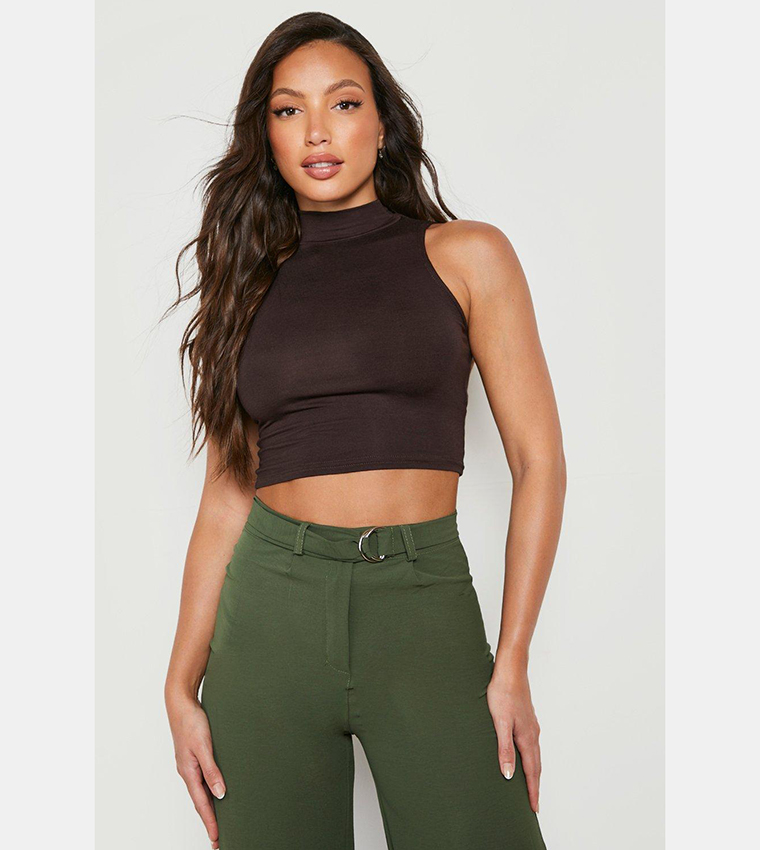 Buy Boohoo Tall Basic High Neck Crop Top In Brown | 6thStreet Qatar