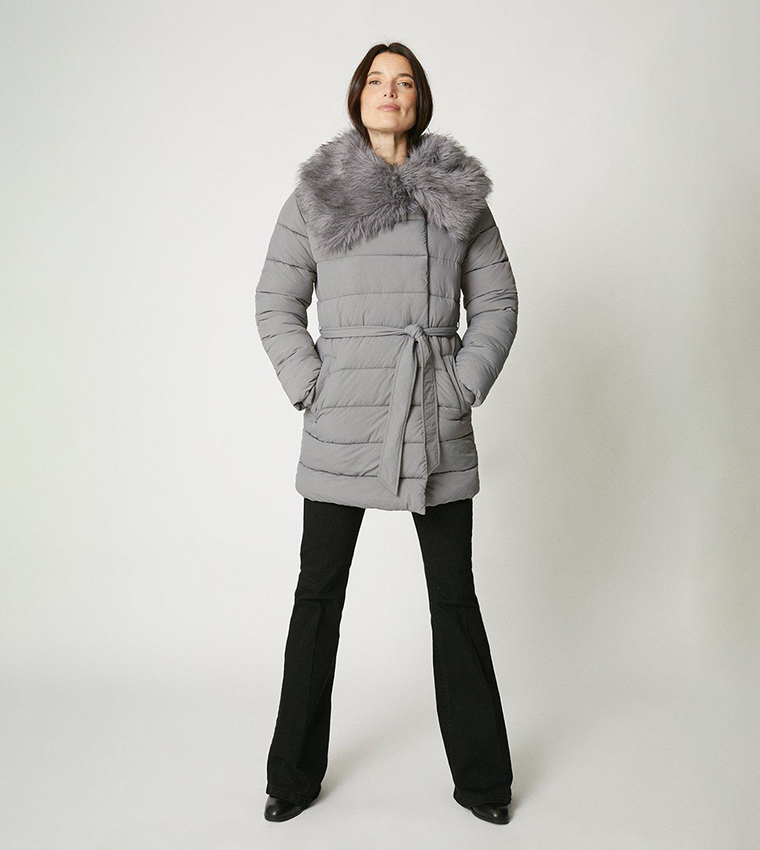 Buy Maine Puffer Faux Fur Collar Belted Coat In Grey 6thstreet Uae