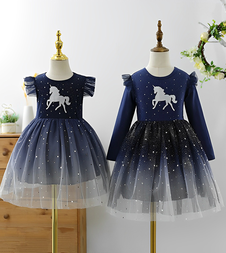 Buy Ddaniela Foil Star Print Flutter Sleeves Tulle Dress In Navy ...