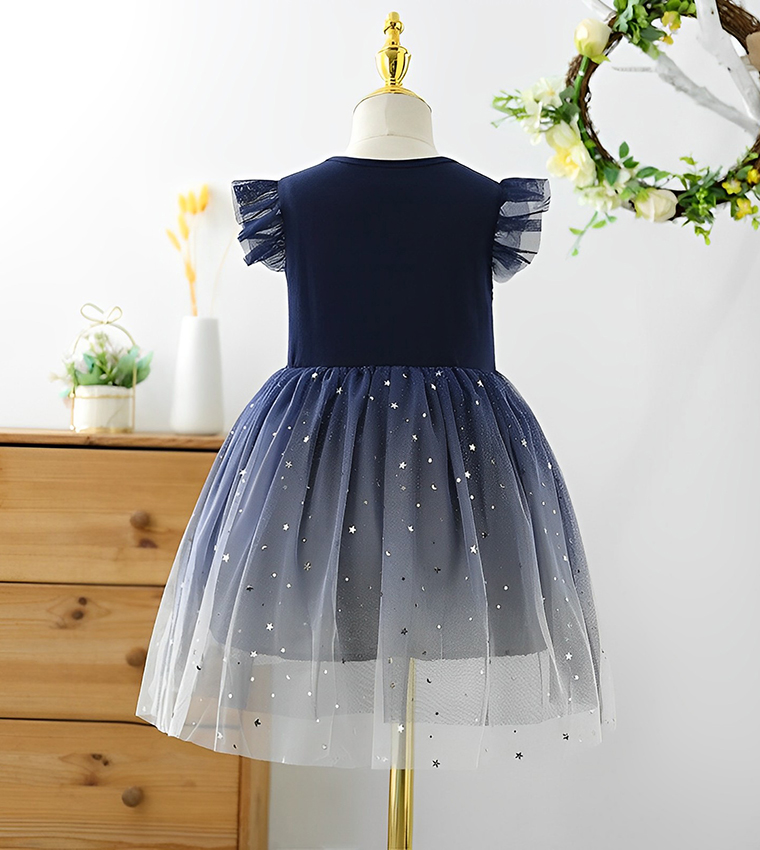Buy Ddaniela Foil Star Print Flutter Sleeves Tulle Dress In Navy ...