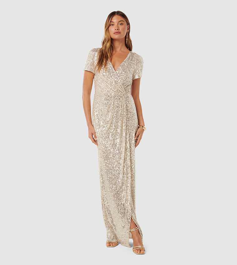 Buy Forever New SHEA Sequined Drape Maxi Dress In Silver | 6thStreet UAE