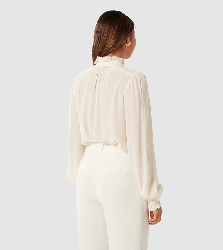 Buy Forever New ELFIE Broderie Trim Long Sleeves Top In Off White ...