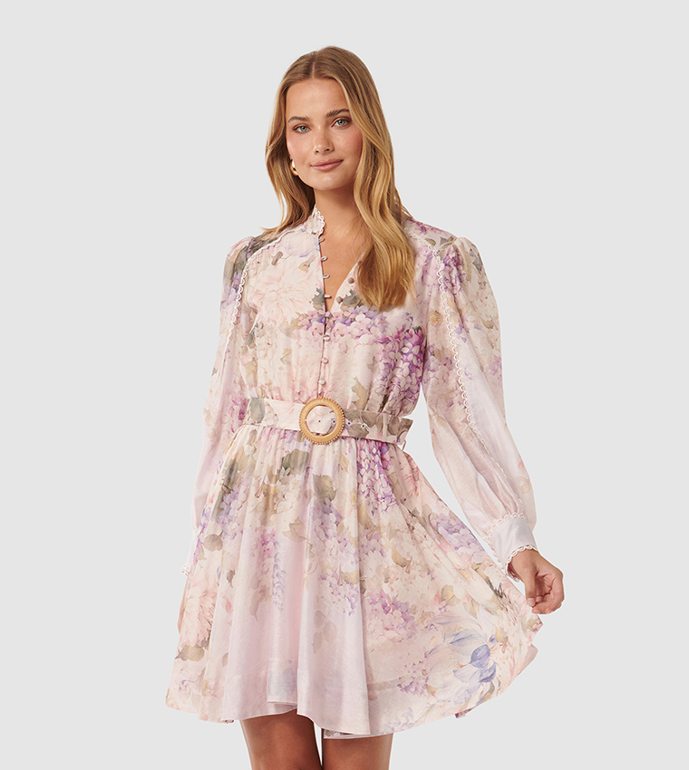 Buy Forever New VIENNA Printed Lace Trim Skater Dress In Pink ...